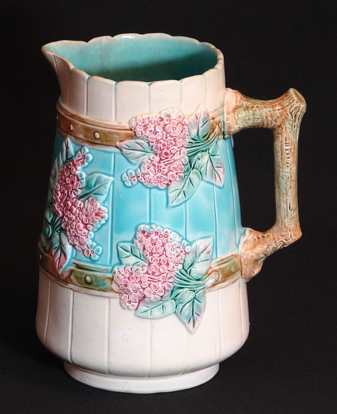 Majolica Barrel Pitcher With Branch Handle, Antique Rare Find - Etsy