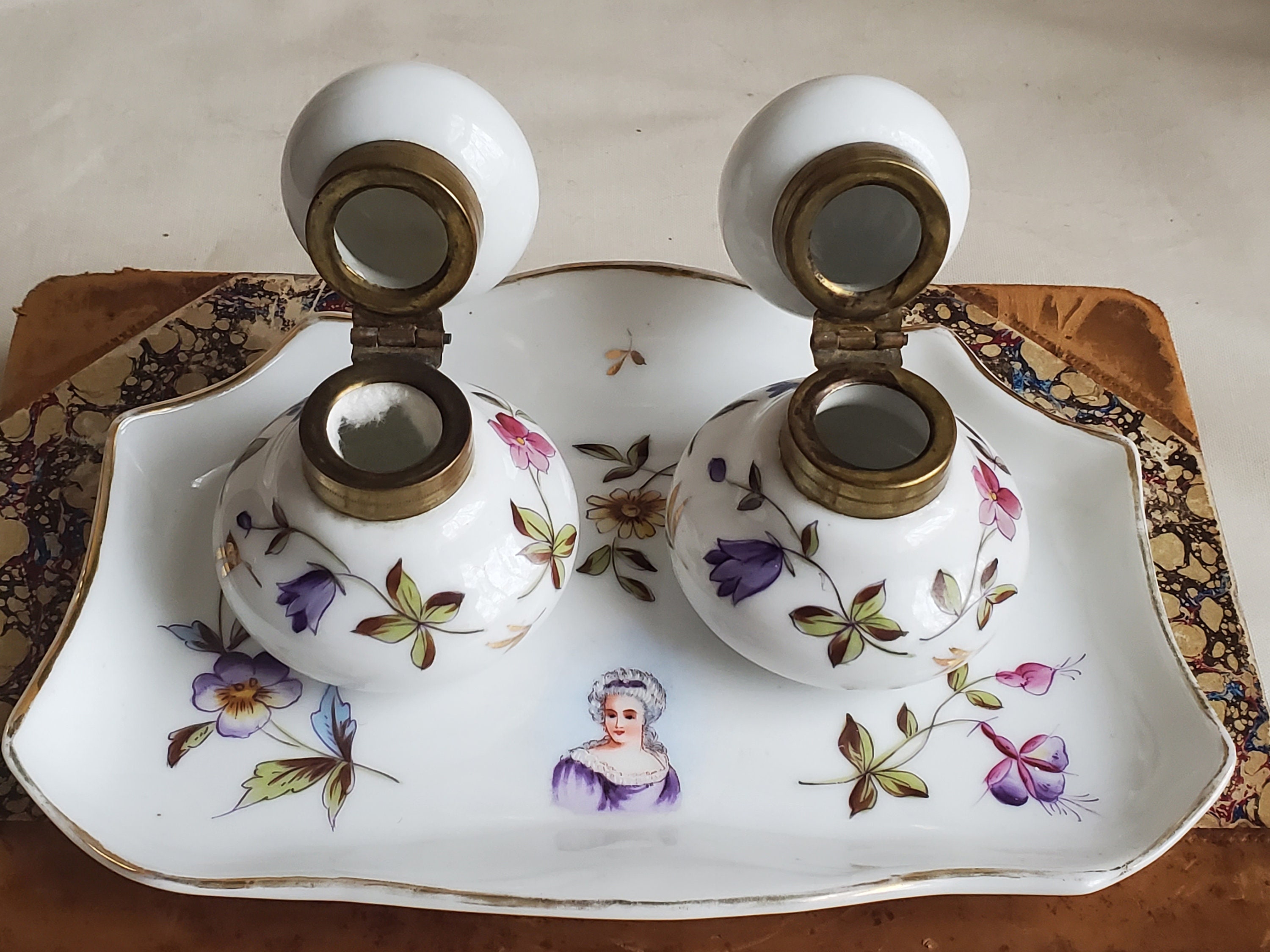 Limoges Style Porcelain Inkwell: Hand-painted Floral Desk Decor - Etsy