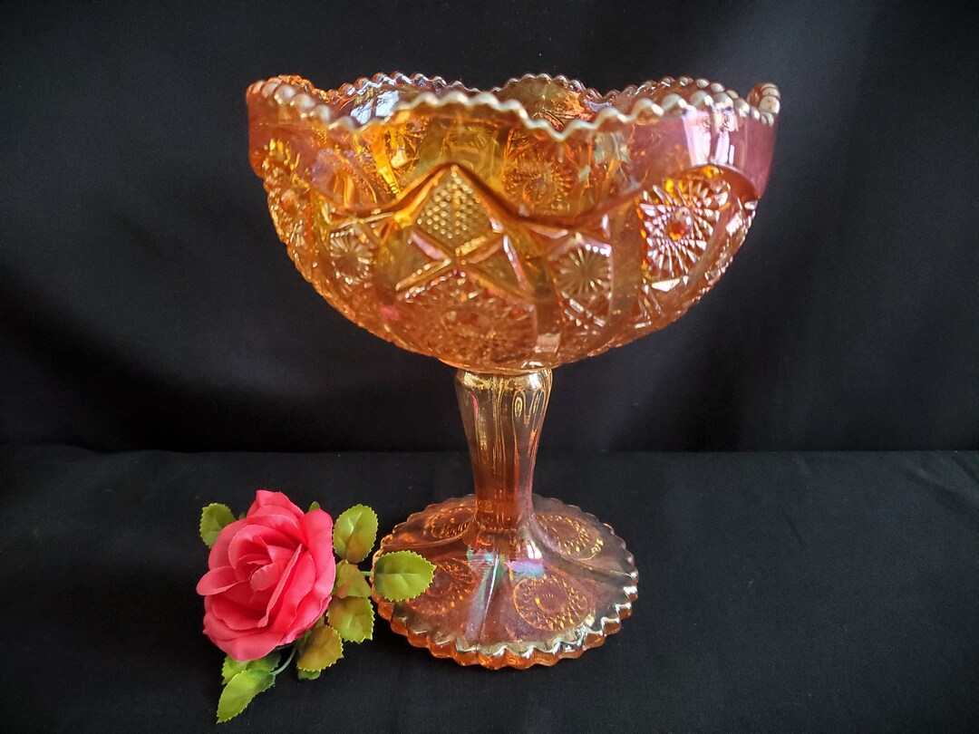 Elegant Carnival Glass Compote, Bold Orange Marigold Color, Hobstar and ...