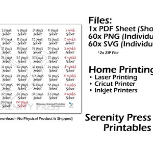 Sober Day Tracker 1-60 Printable Stickers, Sobriety Tracker Stickers 12 ...