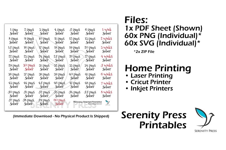 Sober Day Tracker 1-60 Printable Stickers, Sobriety Tracker Stickers 12 ...