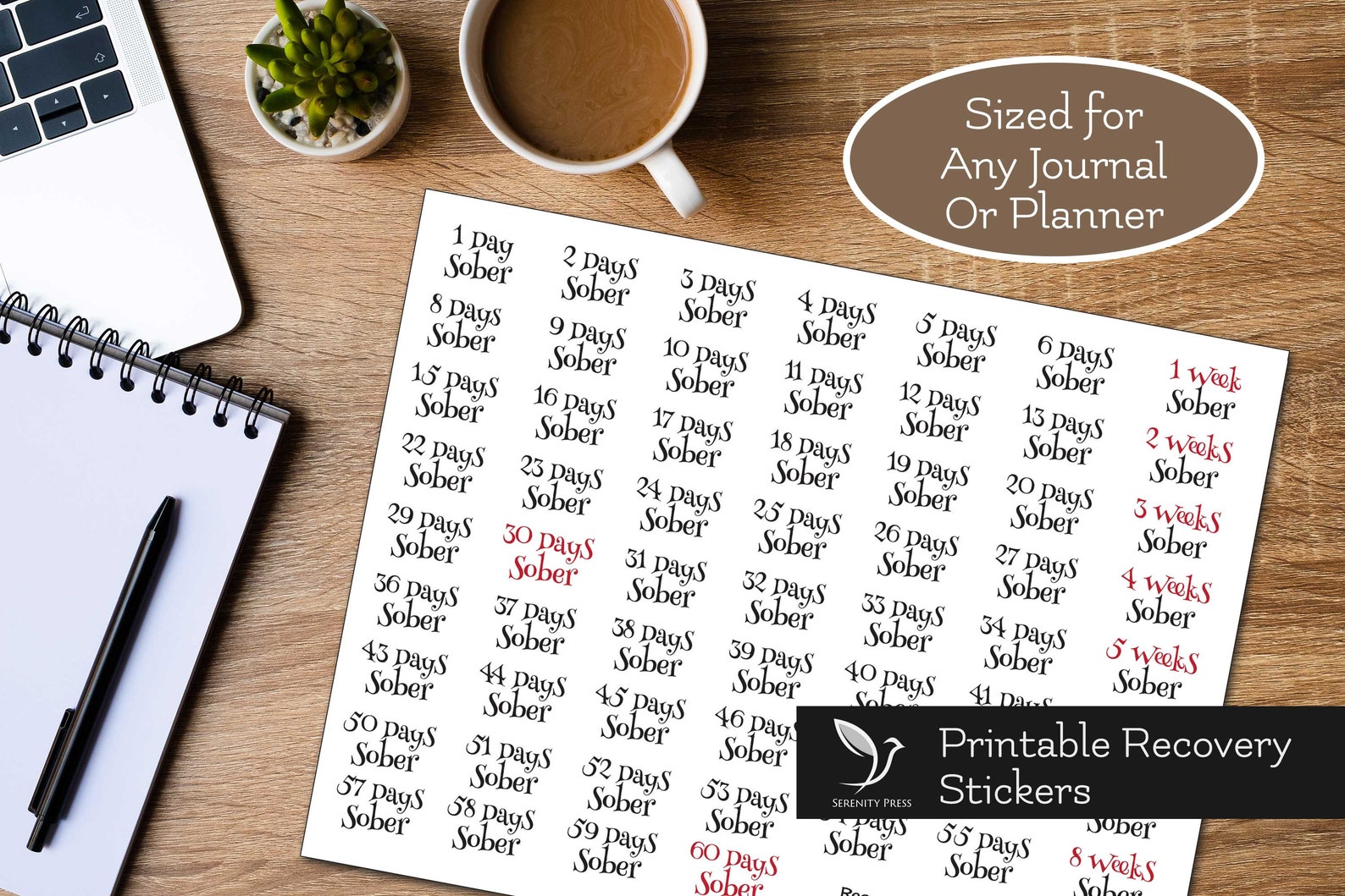 Sober Day Tracker 1-60 Printable Stickers, Sobriety Tracker Stickers 12 ...