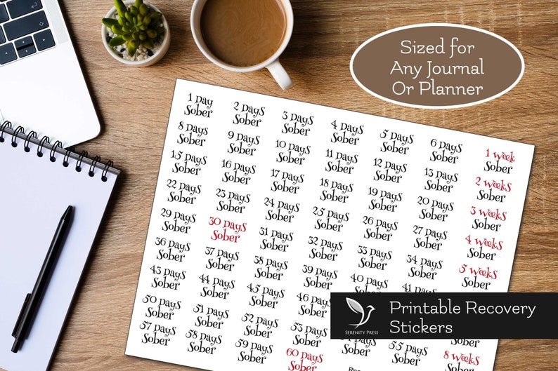 Sober Day Tracker 1-60 Printable Stickers, Sobriety Tracker Stickers 12 ...