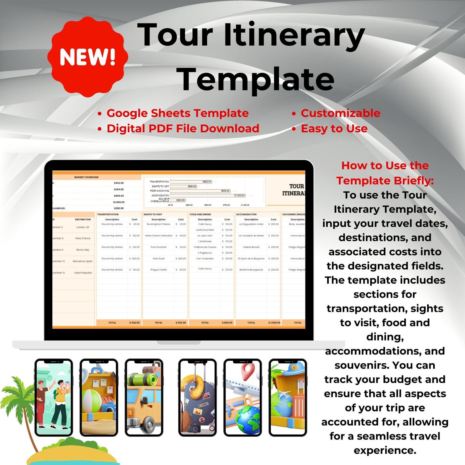 Tour Itinerary Template, Organize Your Travel Plans, Plan Your Vacation ...