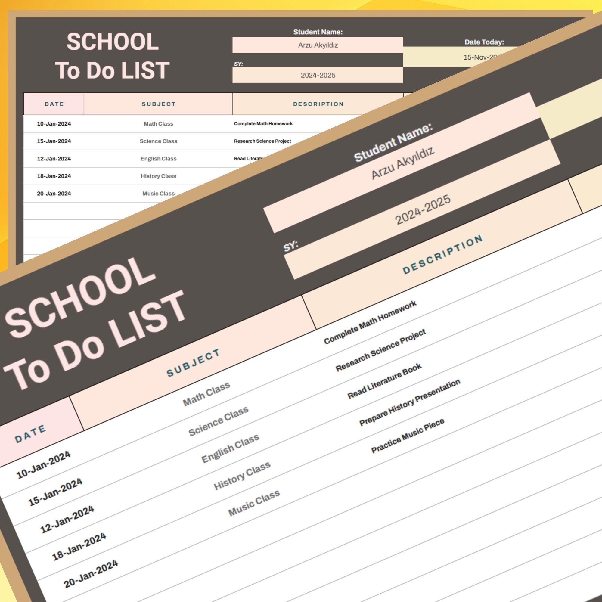 School to Do List Template, Student Planner, Homework Tracker, Study ...