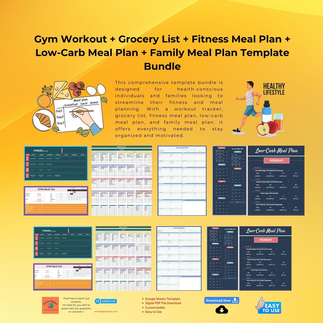 Gym Workout and Meal Plan Bundle, Fitness Planner, Grocery List, Low ...