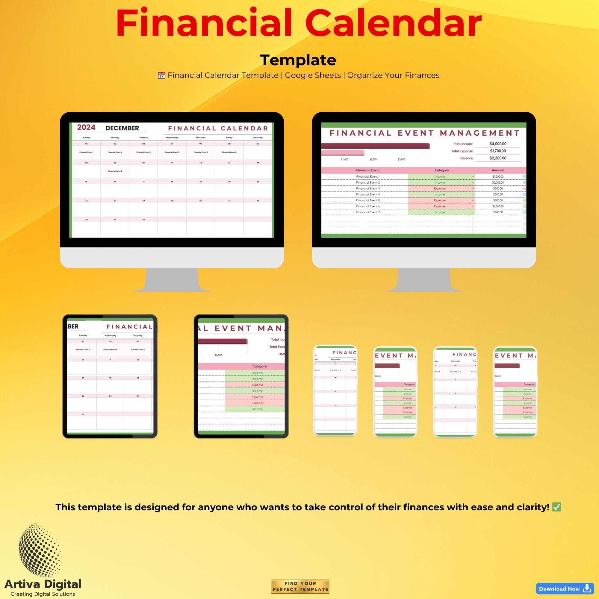 Financial Calendar Template, Google Sheets, Customizable, Financial ...