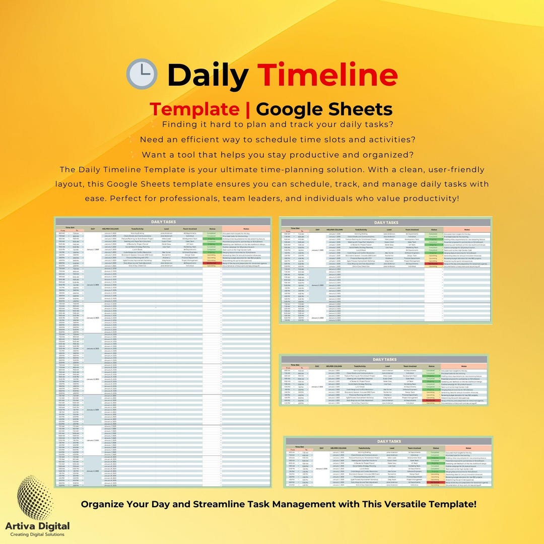 Daily Timeline Template, Google Sheets Editable Template, Task ...