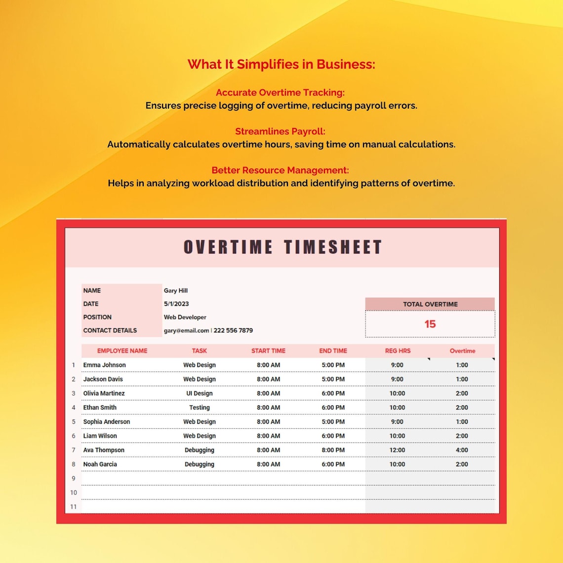 Overtime Timesheet Template, Google Sheets Editable Tracker, Employee ...