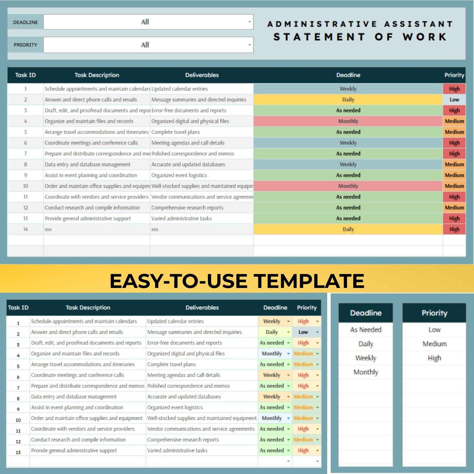 Administrative Assistant Statement of Work Template, Google Sheets Task ...