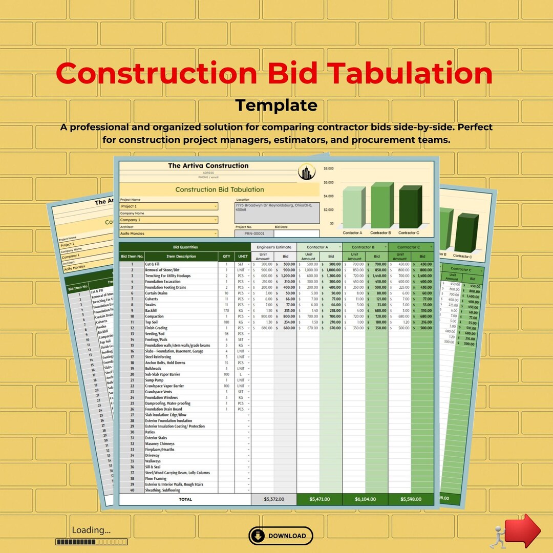 Construction Bid Tabulation Template, Google Sheets, Compare Contractor ...