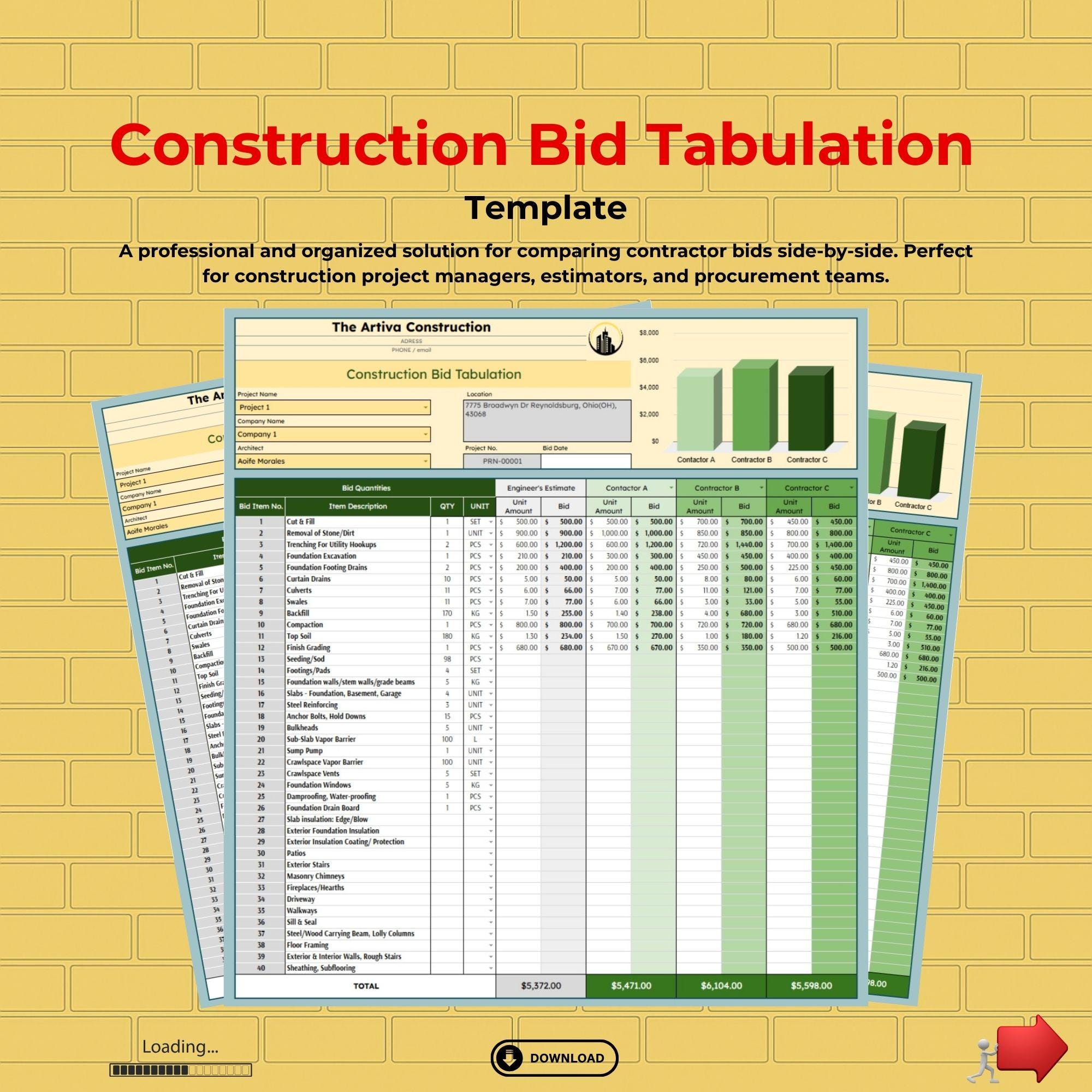 Construction Bid Tabulation Template, Google Sheets, Compare Contractor ...
