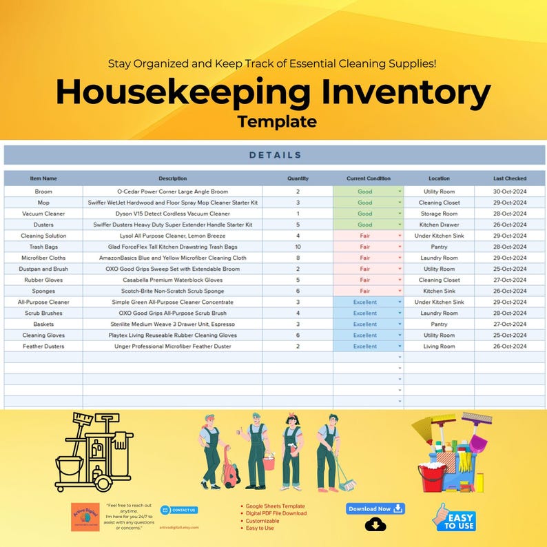 Housekeeping Inventory Template, Cleaning Supplies Tracker, Home ...