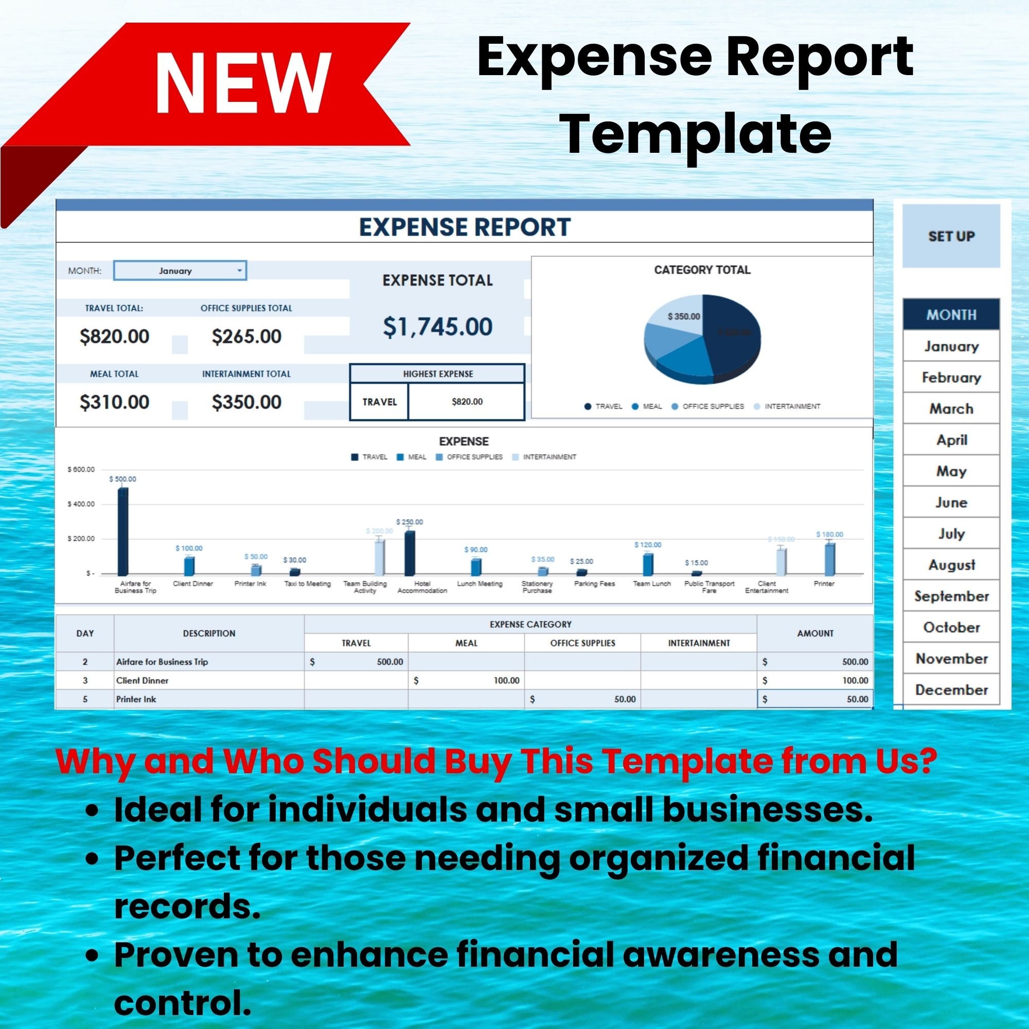 Expense Report Template, Track Monthly Business Expenses, Financial ...