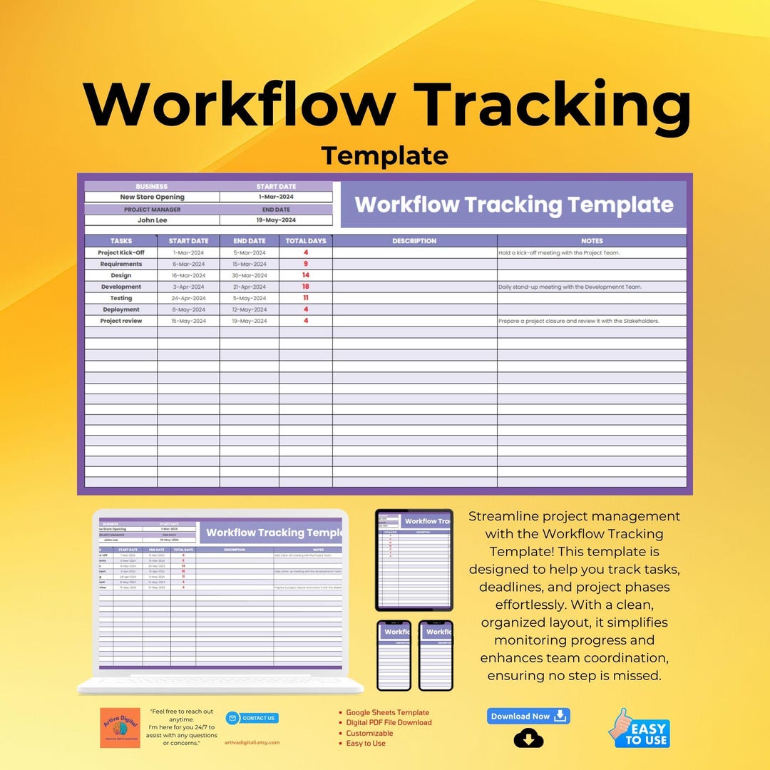Workflow Tracking Template, Project Task Management Planner, Timeline ...