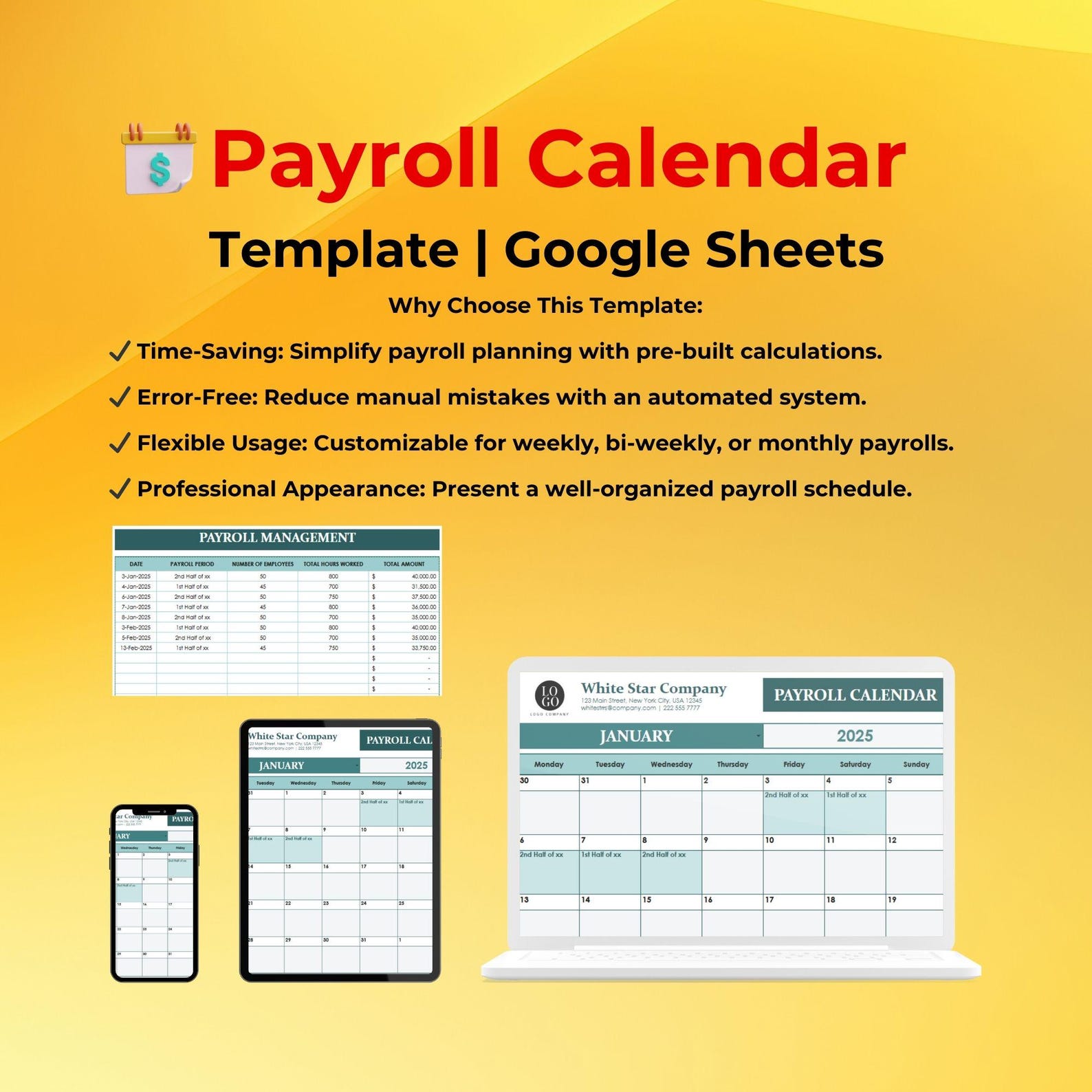 Payroll Calendar Template, Google Sheets Editable Template, Pay ...