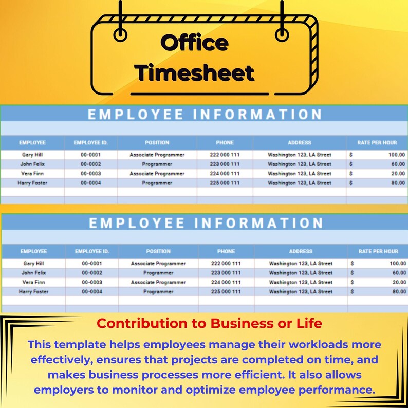 Office Timesheet Template, Employee Time Tracking, Payroll Management ...