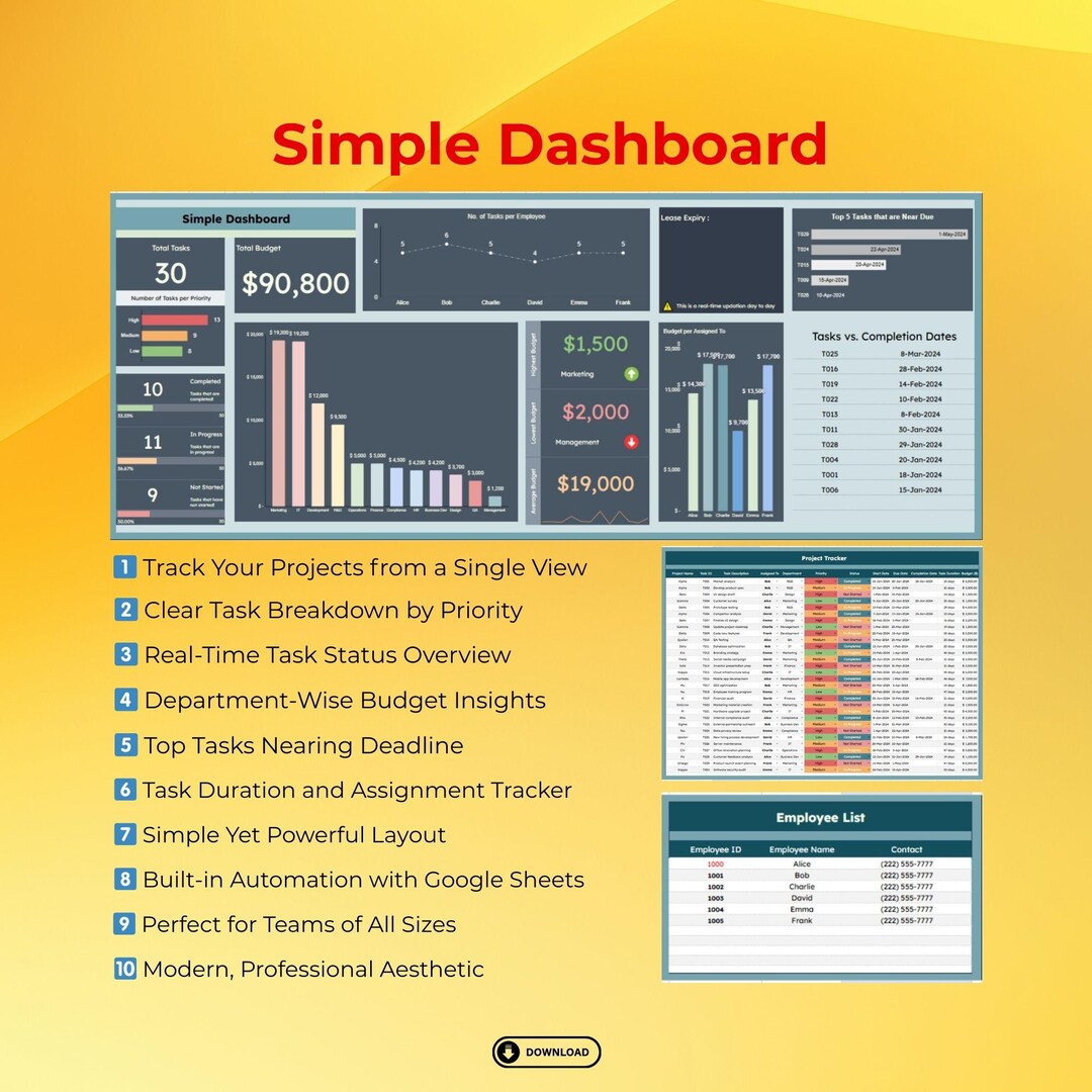 Simple Dashboard Template, Google Sheets, Easy KPI Tracking, Data ...