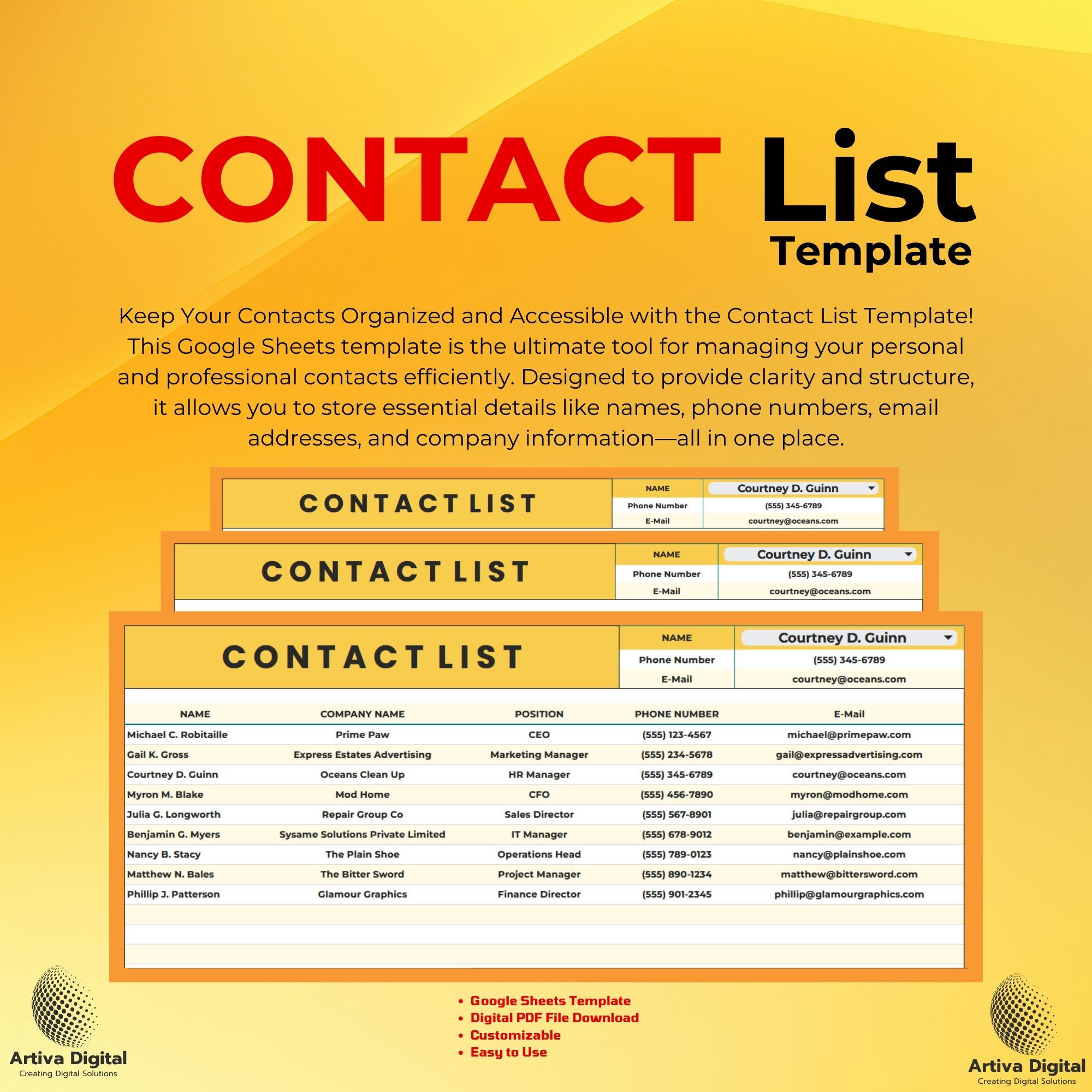 Contact List Template, Google Sheets Address Tracker, Editable Contact ...