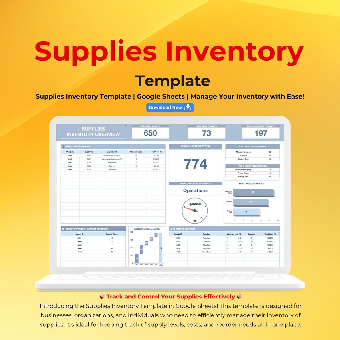 Supplies Inventory Template, Google Sheets Editable Tool, Stock Tracker ...