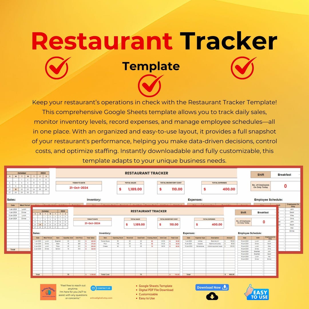 Restaurant Tracker Template, Restaurant Expense and Sales Tracker ...
