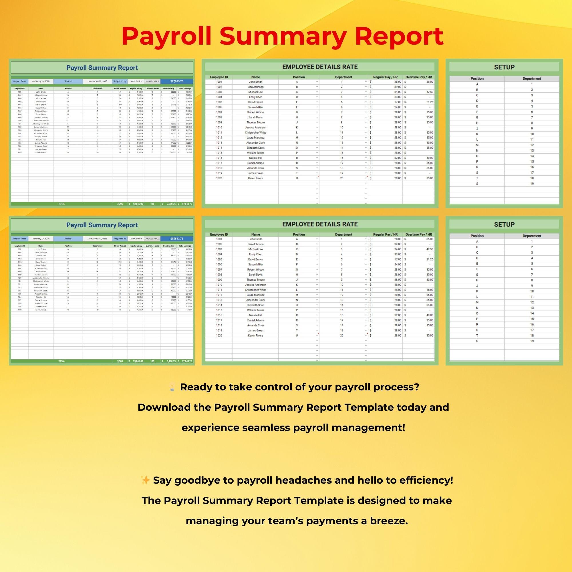 Payroll Summary Report Template, Google Sheets for Employee Payroll Management, Salary Breakdown ...