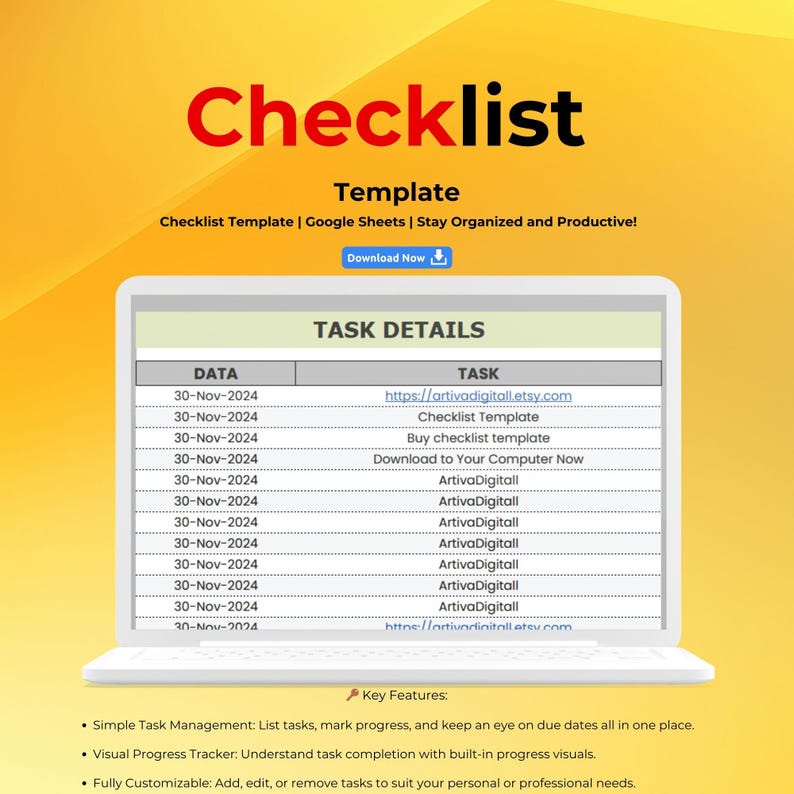 Checklist Template, Google Sheets Editable Tool, Task Tracker, To-do ...