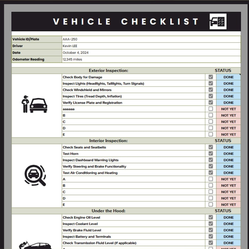 Vehicle Checklist Template, Google Sheets Editable Tool, Car ...