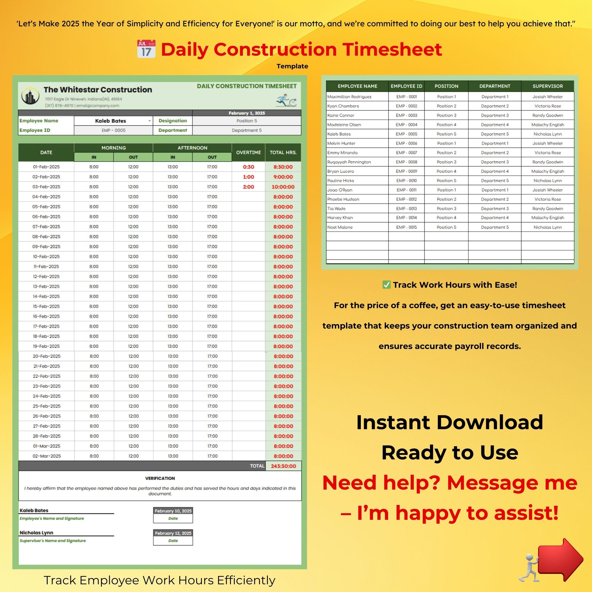 Daily Construction Timesheet Template, Google Sheets Work Log, Employee ...