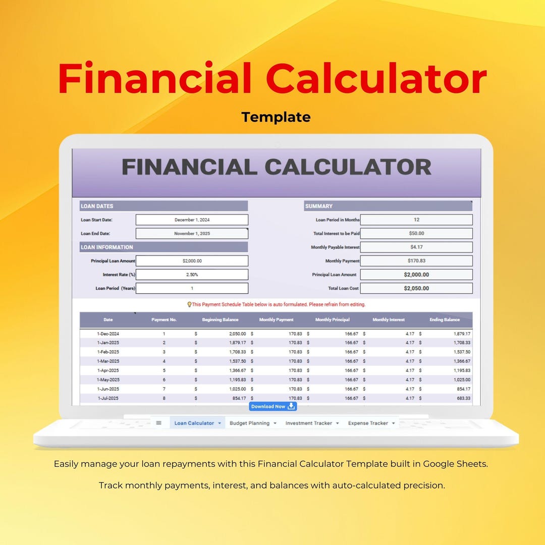 Financial Calculator Template, Google Sheets Loan Payment Tracker ...