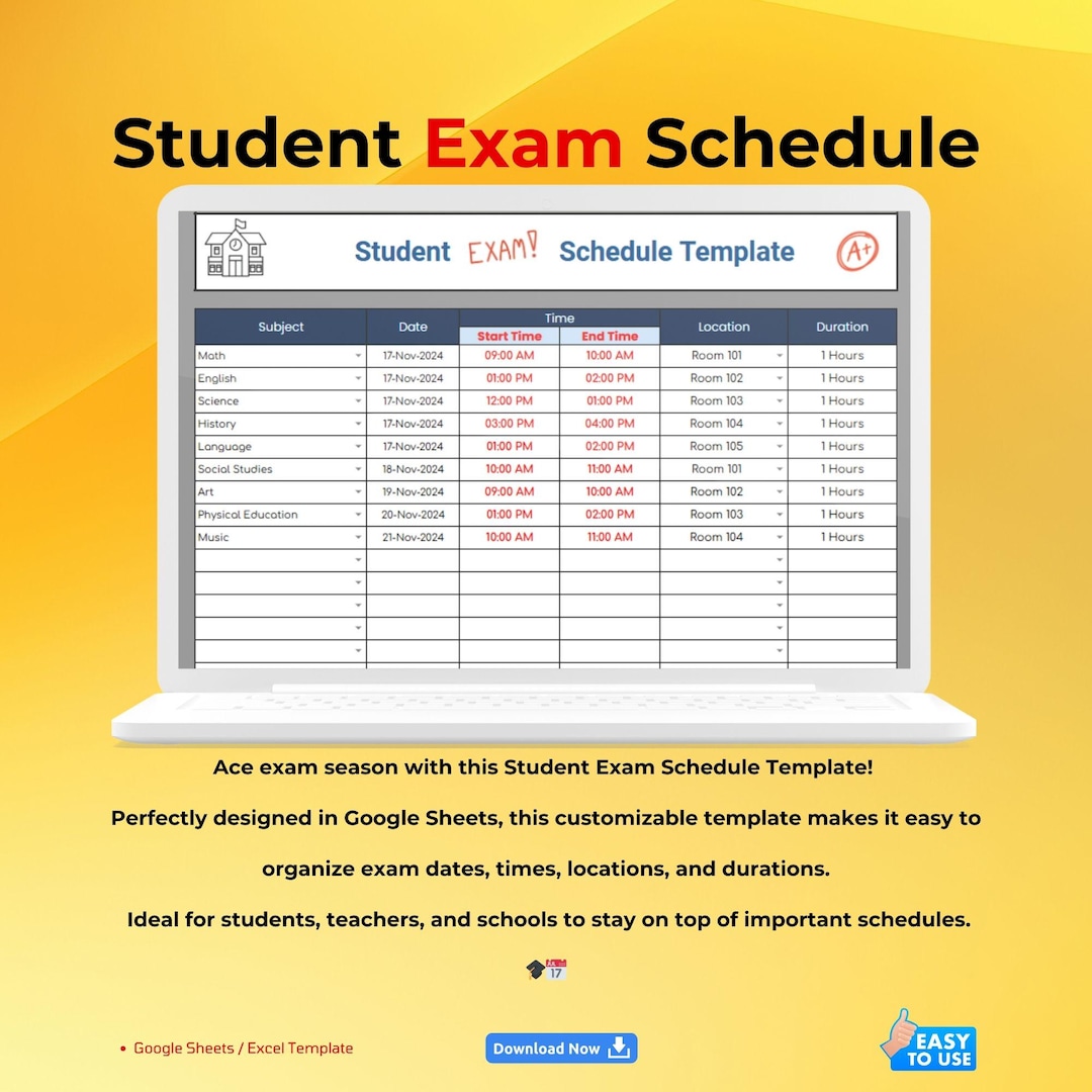 Student Exam Schedule Template, Google Sheets Editable Planner, Class ...