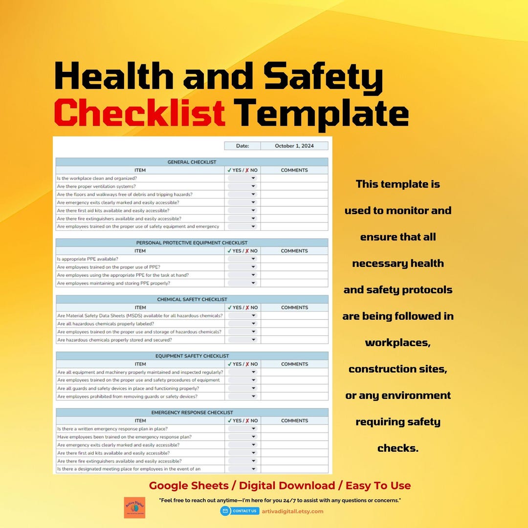Health and Safety Checklist Template, Google Sheets Editable Tool ...