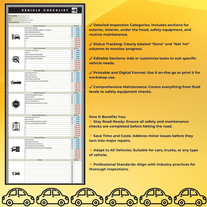 Vehicle Checklist Template, Google Sheets Editable Tool, Car ...