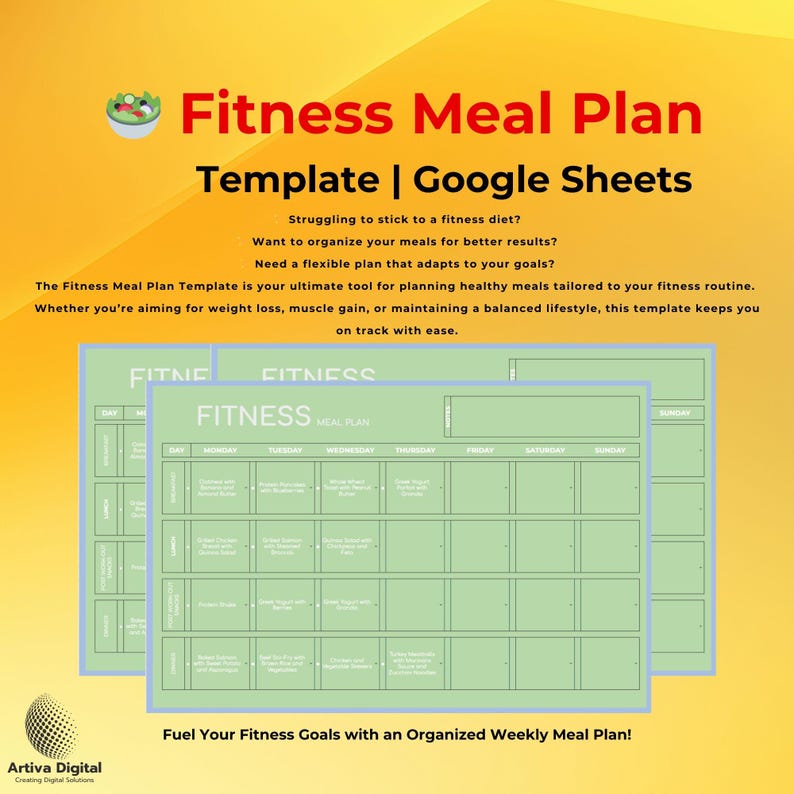 Fitness Meal Plan Template, Google Sheets Editable Template, Weekly ...