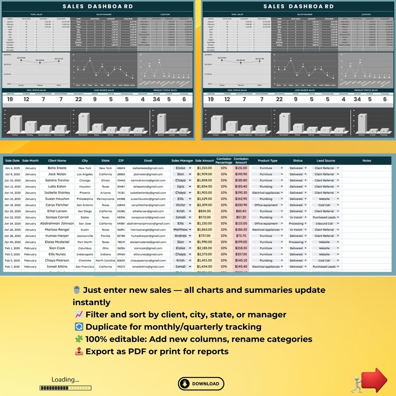 Sales Dashboard Template, Google Sheets CRM Sales Tracker, Client ...