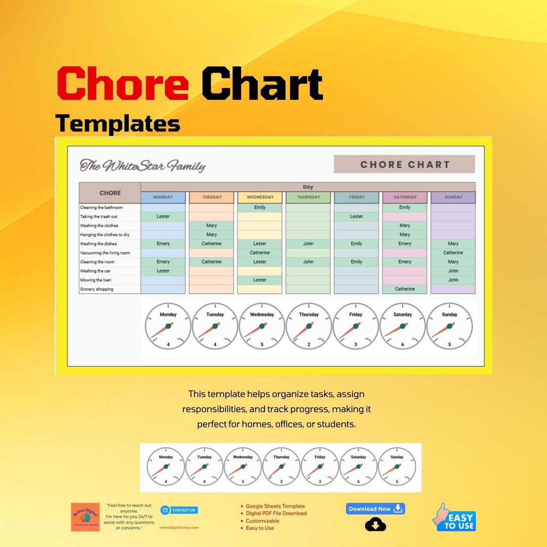 Chore Chart Template, Family Chore Organizer, Household Task Tracker ...
