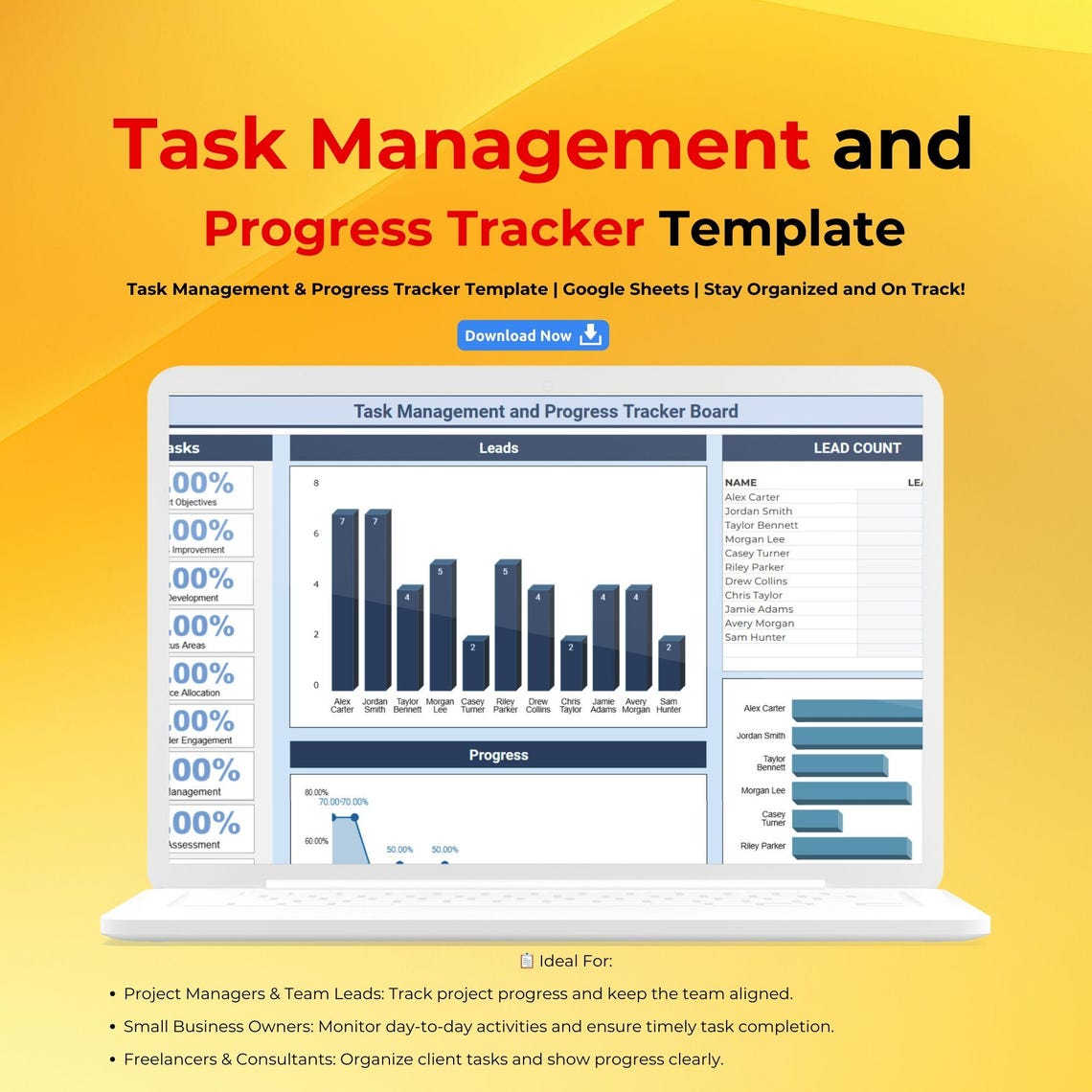 Task Management and Progress Tracker Template, Google Sheets Editable ...