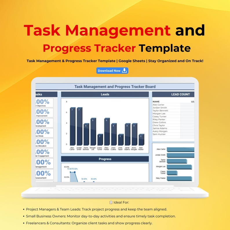 Task Management and Progress Tracker Template, Google Sheets Editable ...