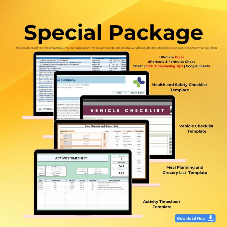 Special Package, Excel Shortcuts Cheat Sheet, Health & Safety Checklist, Meal Planner, Grocery ...