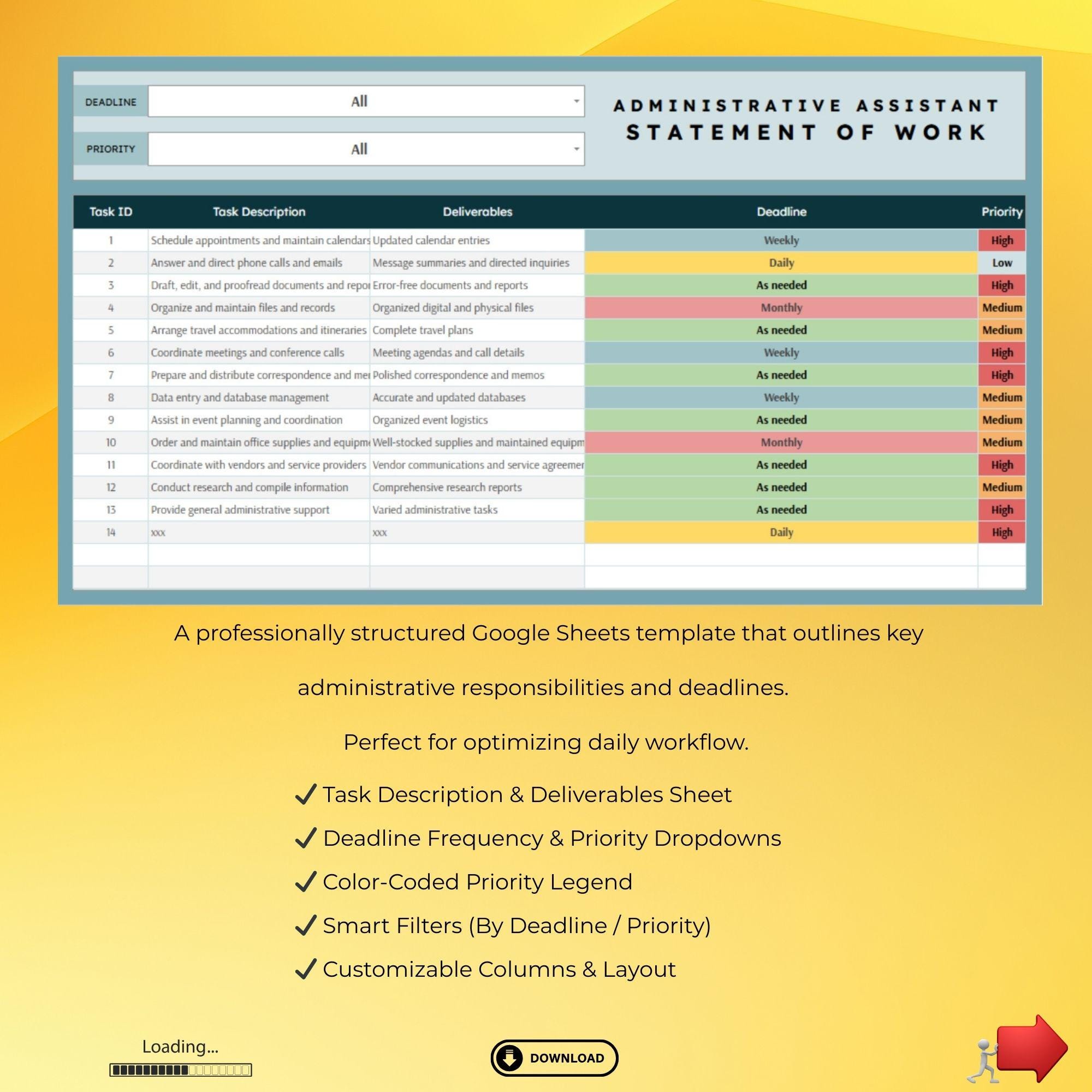 Administrative Assistant Statement of Work Template, Google Sheets Task ...