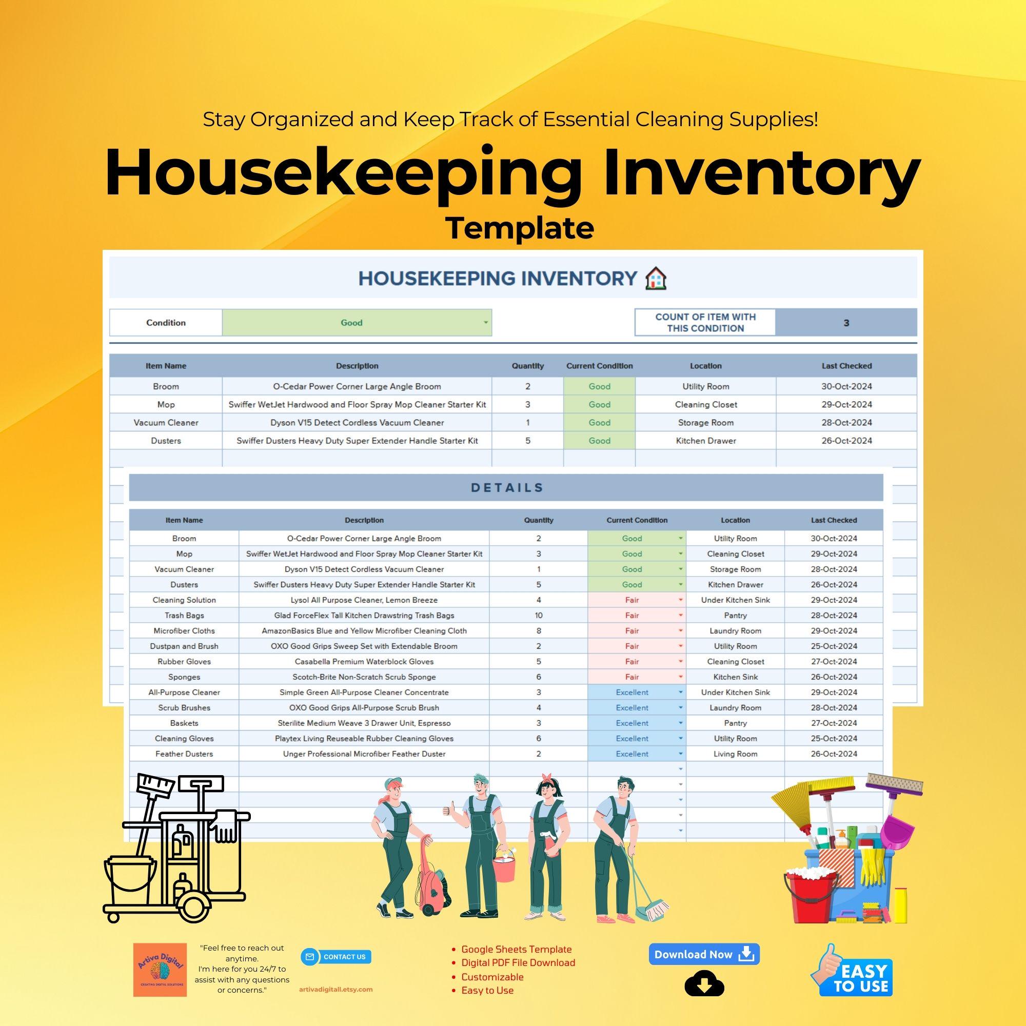 Housekeeping Inventory Template, Cleaning Supplies Tracker, Home ...