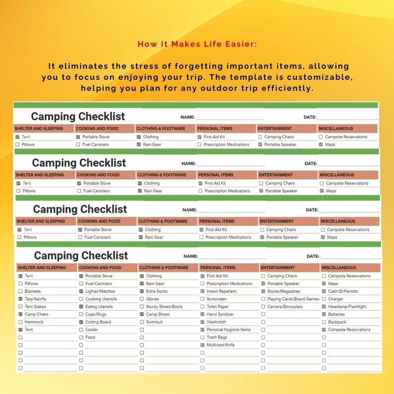 Camping Checklist Template, Google Sheets for Trip Planning, Gear ...