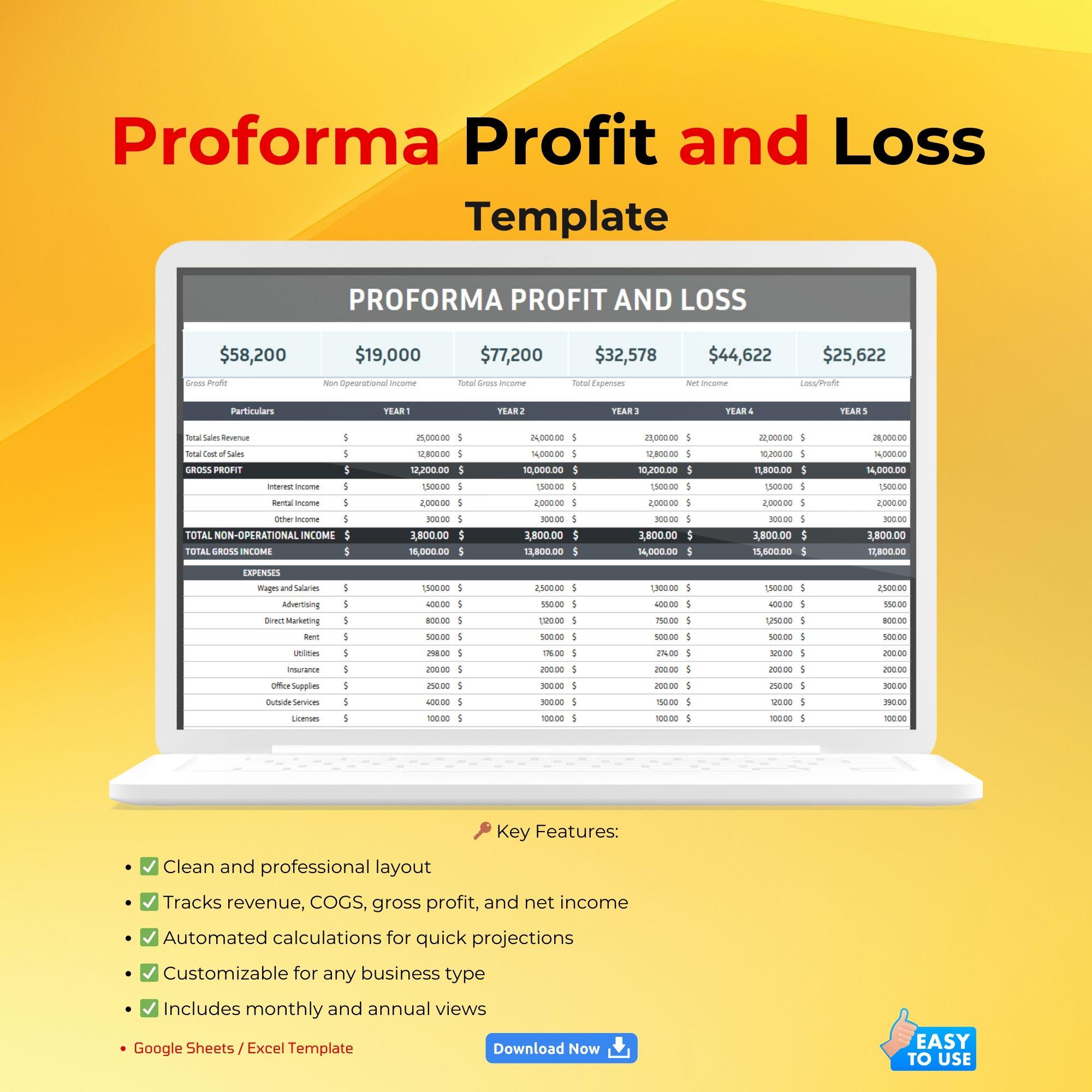 Proforma Profit and Loss Template, Google Sheets P&L Tracker, Editable Income Statement ...
