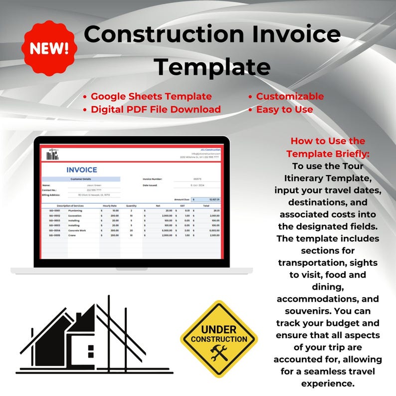 Construction Invoice Template, Service Billing, Project Cost Tracking ...