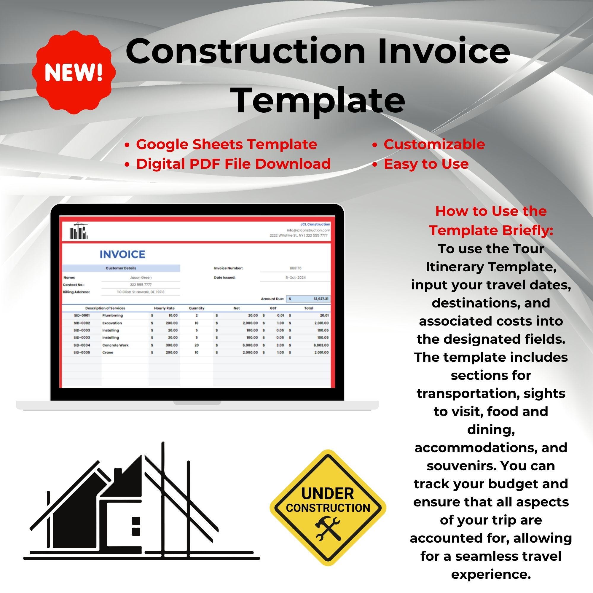 Construction Invoice Template, Service Billing, Project Cost Tracking ...