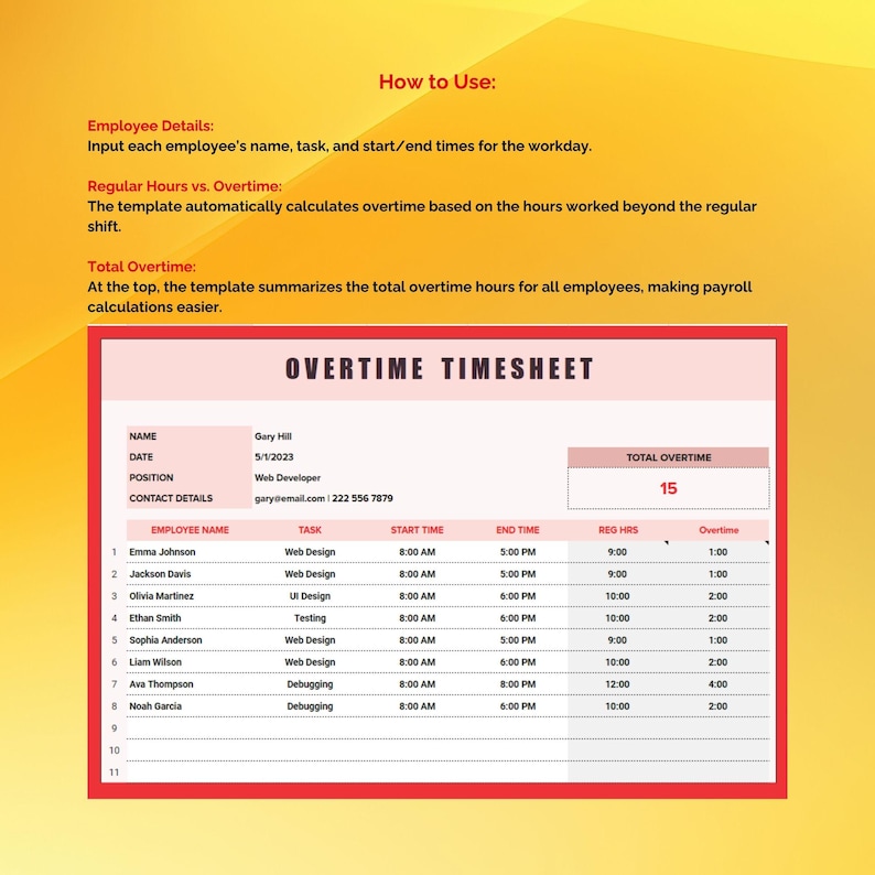 Overtime Timesheet Template, Google Sheets Editable Tracker, Employee ...