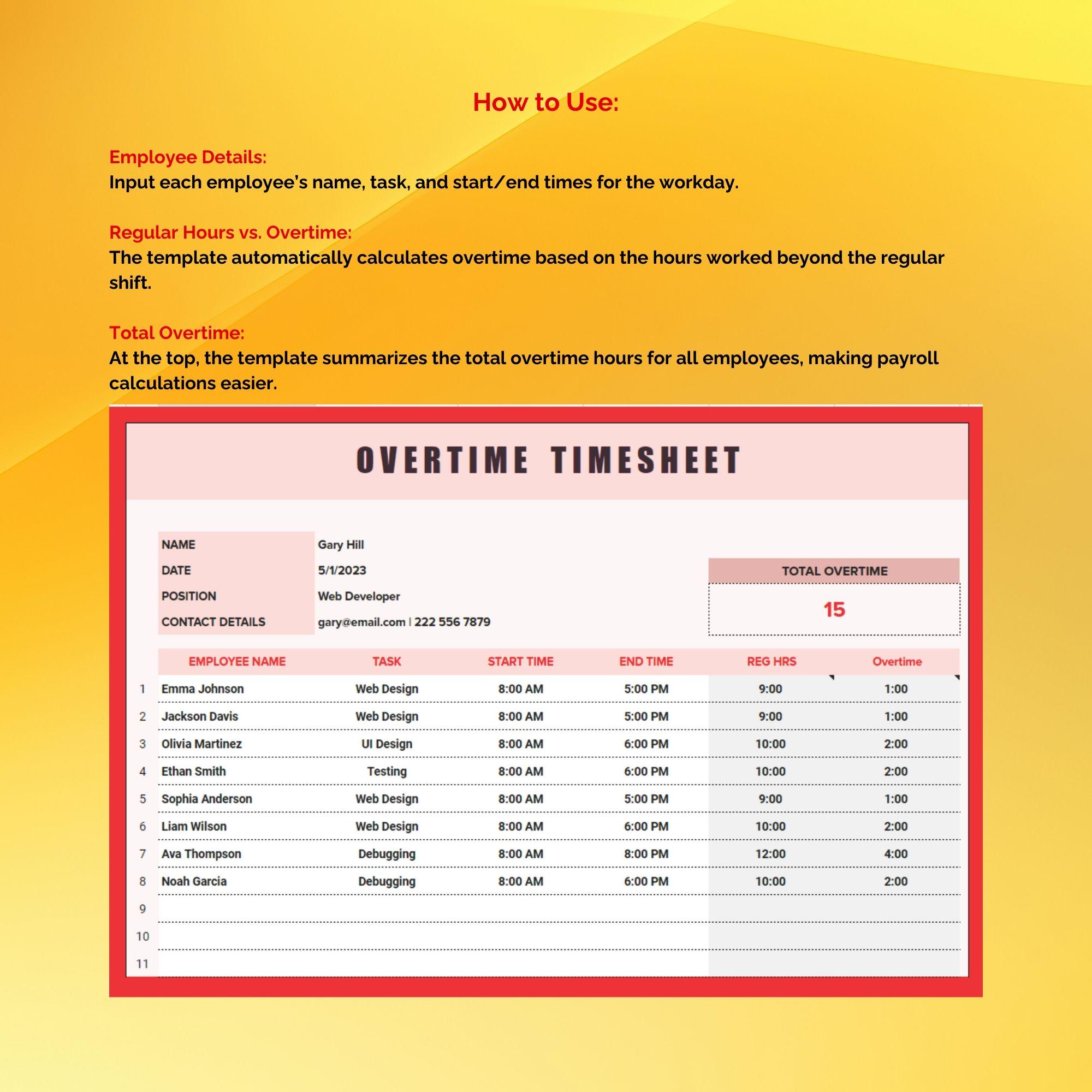 Overtime Timesheet Template, Google Sheets Editable Tracker, Employee ...