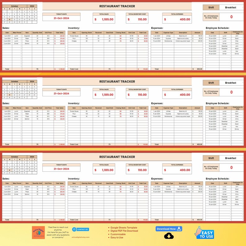 Restaurant Tracker Template, Restaurant Expense and Sales Tracker ...