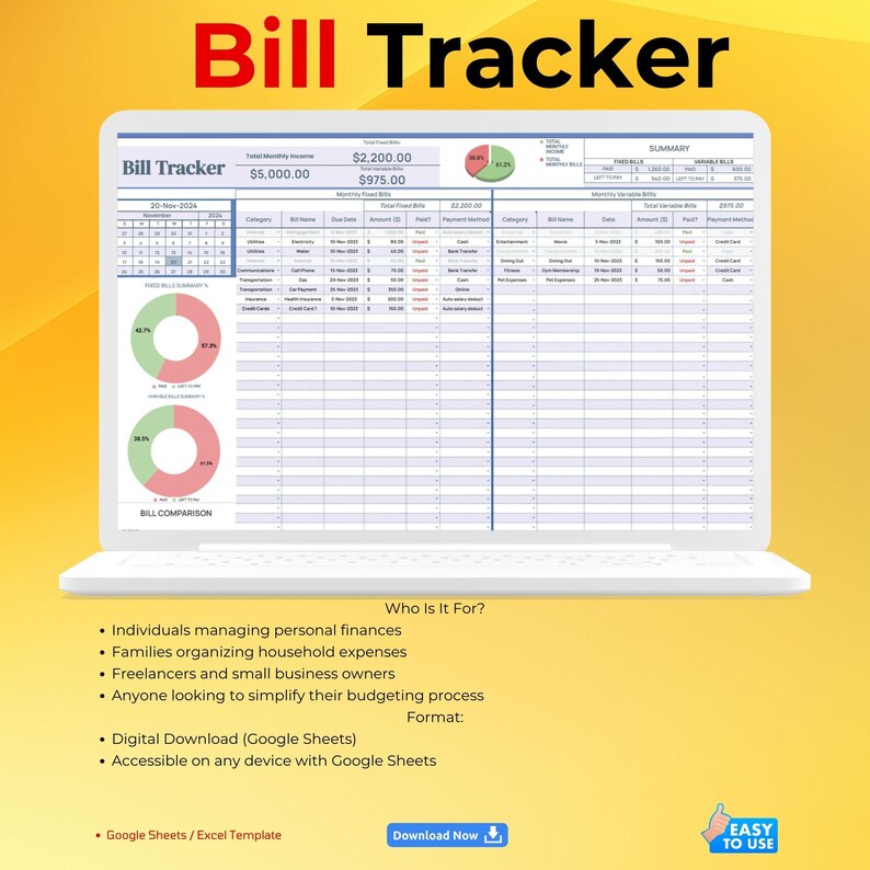 Bill Tracker Template, Google Sheets Editable Tool, Monthly Expense ...