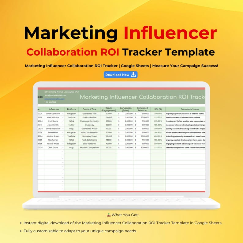 Marketing Influencer Collaboration ROI Tracker Template, Google Sheets ...